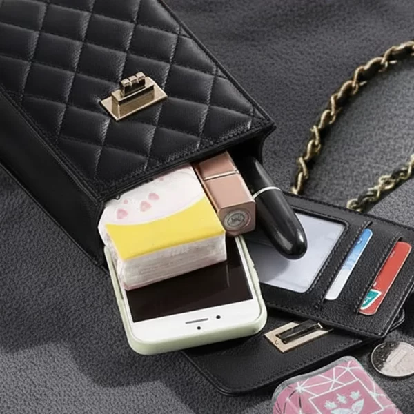 Black Quilted Ladies Crossbody Bag – Luxury Mobile Pouch with Gold ...